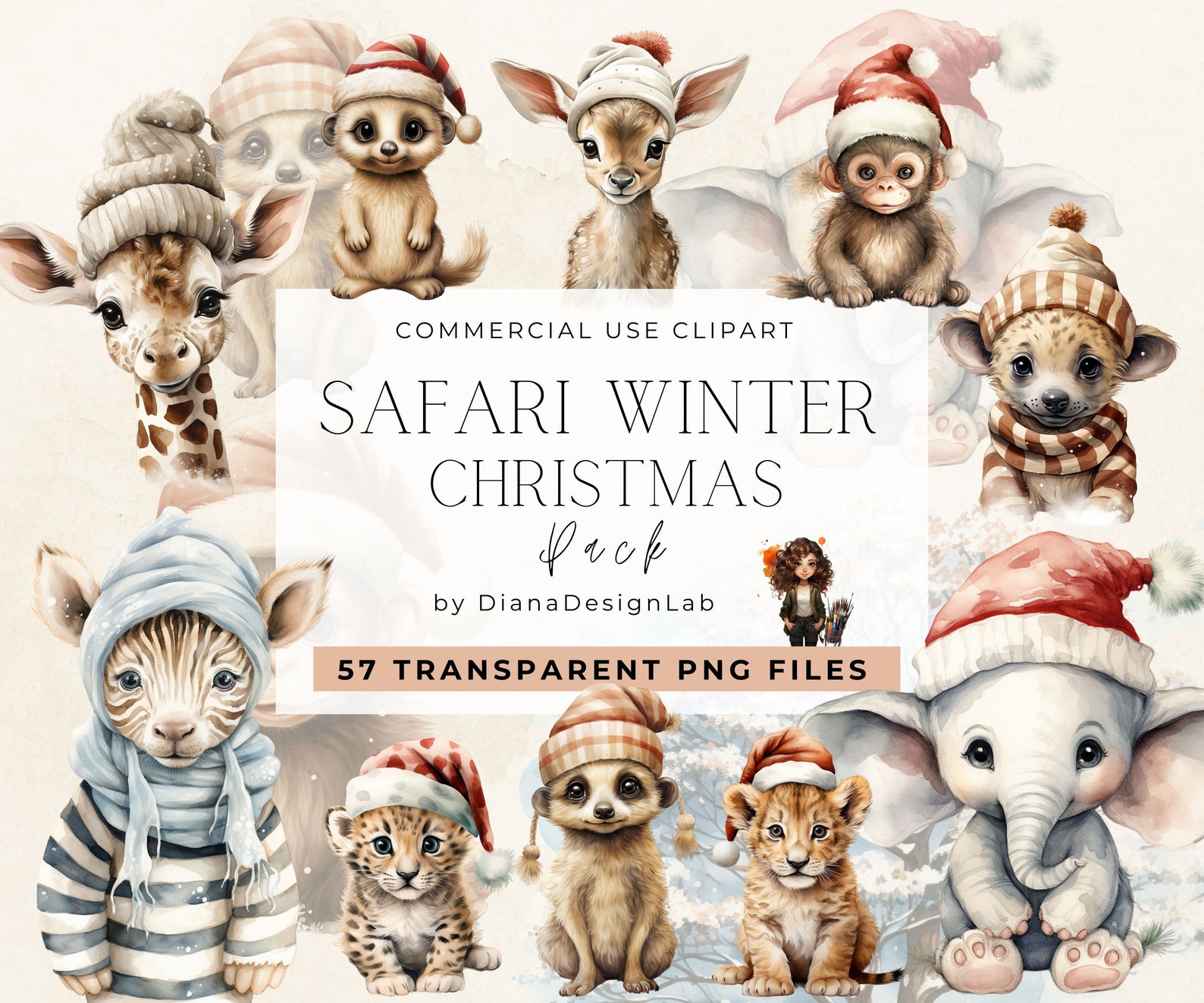 Safari Christmas Clipart Bundle, Winter Clipart, Safari Watercolor ...