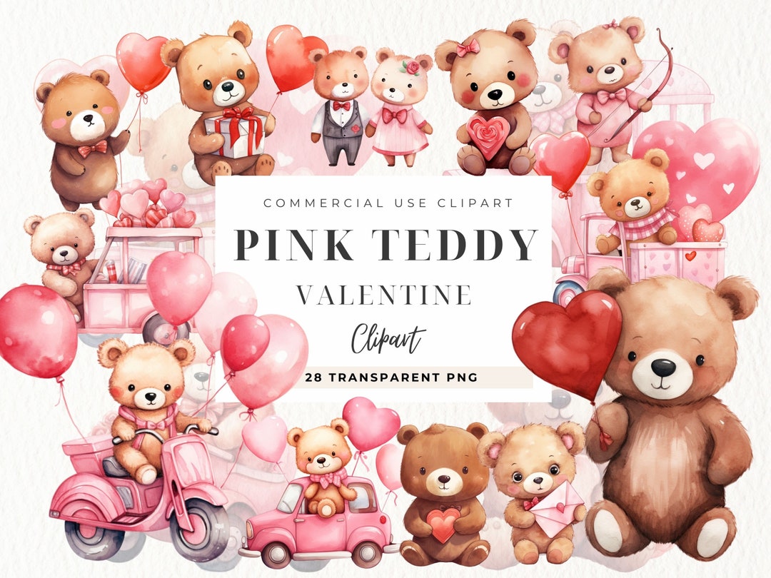 Pink Valentine Bear Clipart, Watercolor Valentines Day, Vintage ...