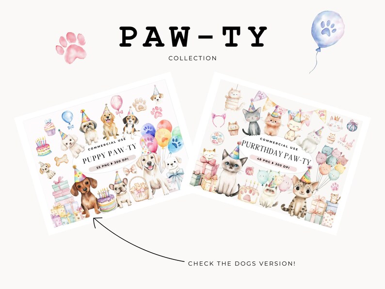 Cute Cats Clipart Birthday Party, Watercolor Cartoon Cat Breeds ...