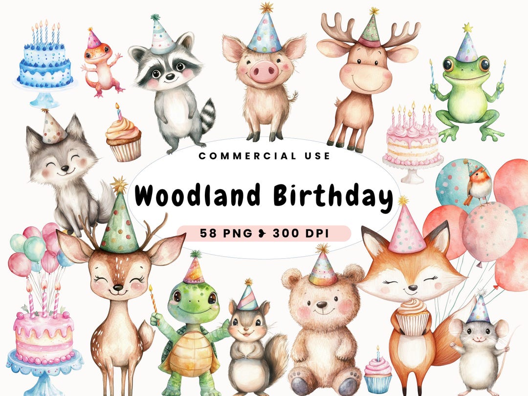 Woodland Animal Birthday Clipart, Cute Forest Animals, Celebration, Fox ...