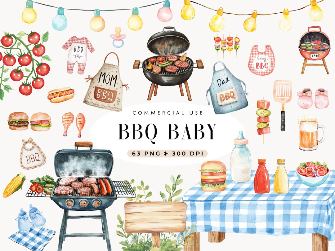 BBQ Baby Shower Clipart, Sweet Watercolor BBQ, Digital Invitations ...