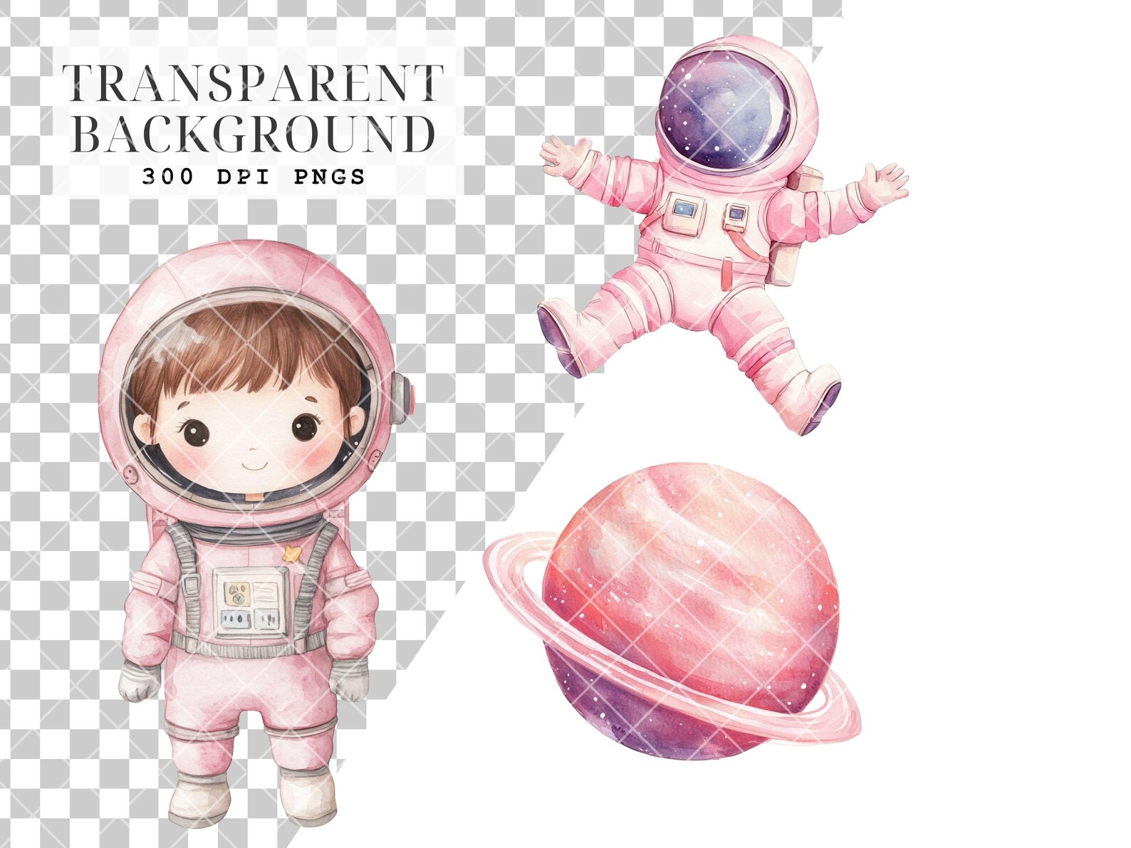 Pink Astronaut Clipart, Outer Space, Space Girl, Rocket and Planets ...