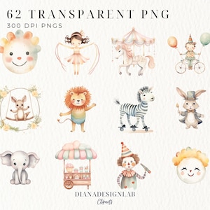 Circus Watercolor Clipart, Colorfull Nursery Decor, Baby Shower, Cute ...