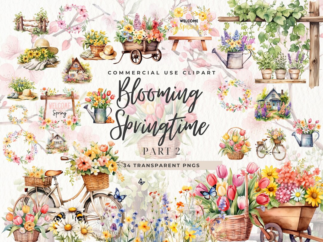 Watercolor Spring Floral Clipart, Tulips Flowers Basket, Gardner ...