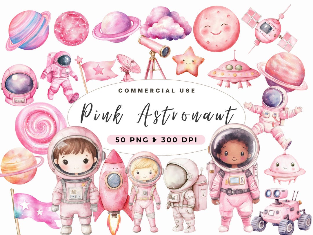 Pink Astronaut Clipart, Outer Space, Space Girl, Rocket and Planets ...