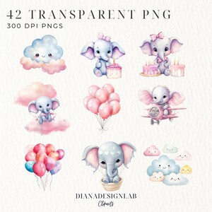 Baby Girl Elephant Clipart, Baby Shower, Cute Elephant With Ballons ...