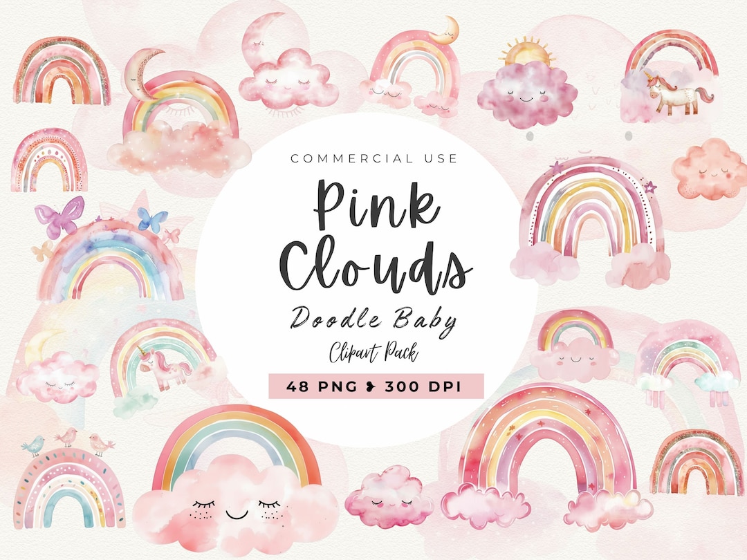 Baby Pink Clouds Clipart, Baby Shower, Rainbow Png, Doodle Baby Clouds ...