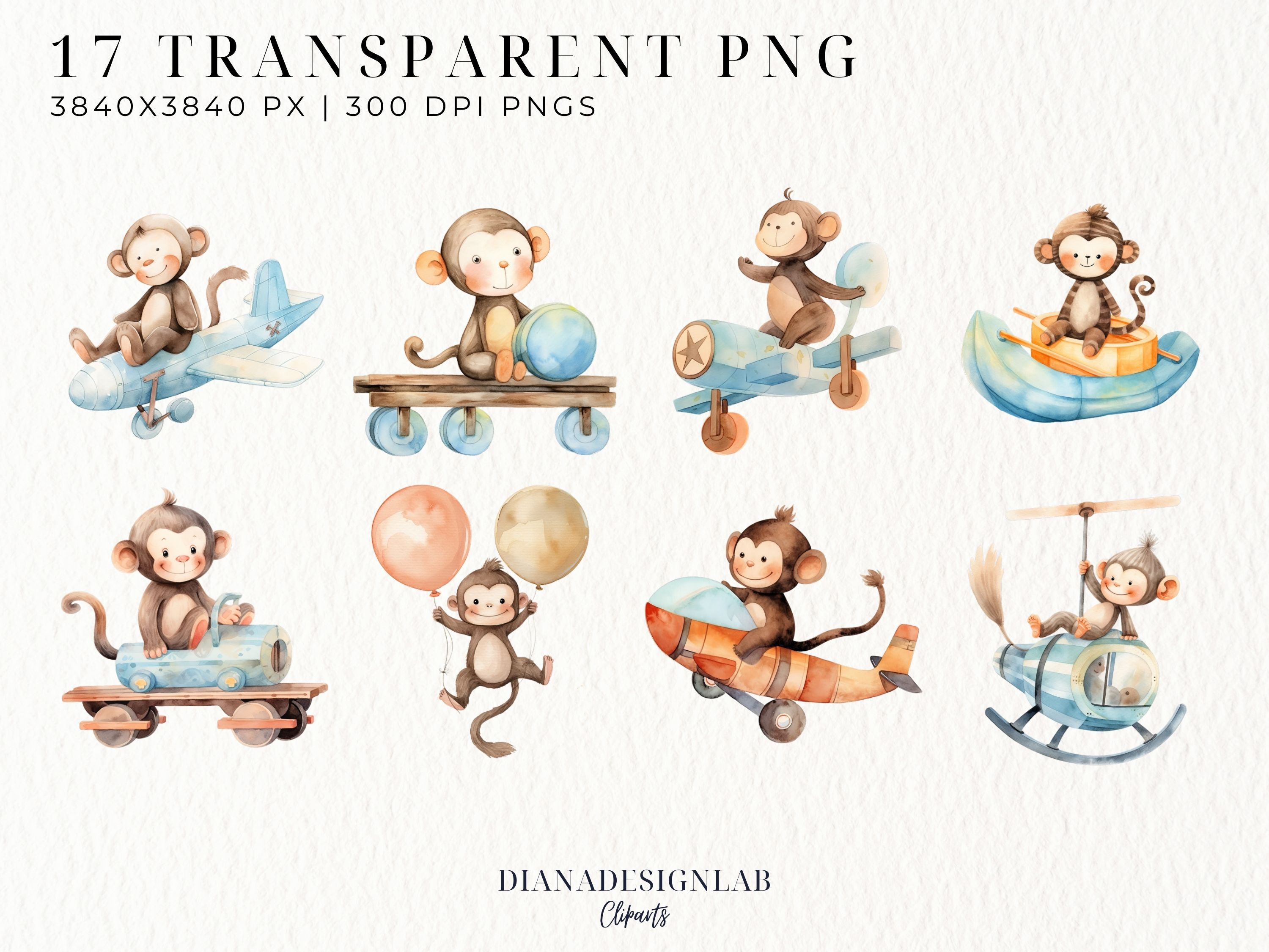 Cute Baby Monkeys Clipart, Monkey Flying, Watercolor Baby Animals Clip ...