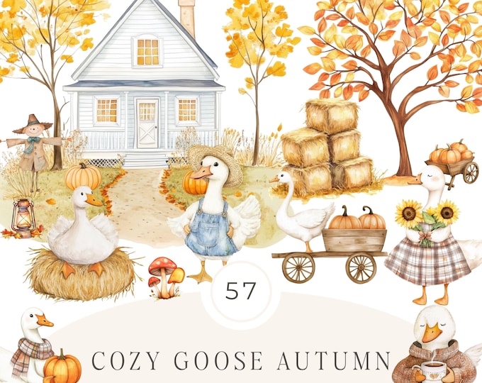 Watercolor Autumn Goose Clipart – Cozy Watercolor Fall PNG Set for ...