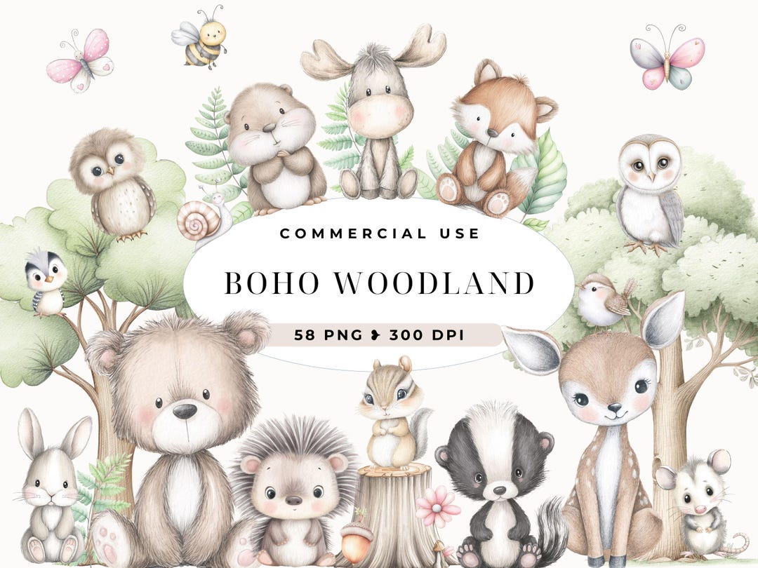 Boho Woodland Clipart, Baby Animals, Nursery Decor, Woodland Baby ...