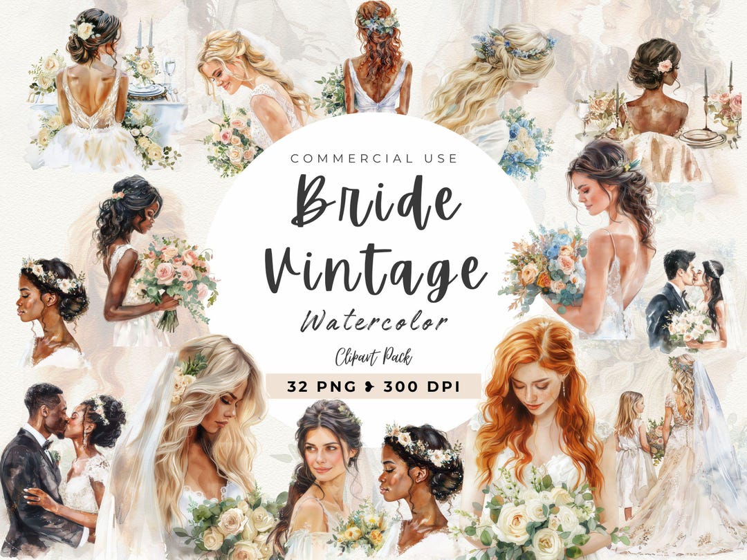Bride and Floral Watercolor Clipart Bundle, Printable Wedding, Vintage ...