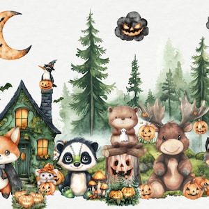 Woodland Halloween Watercolor Clipart, Nursery Decor, Spooky Clipart ...