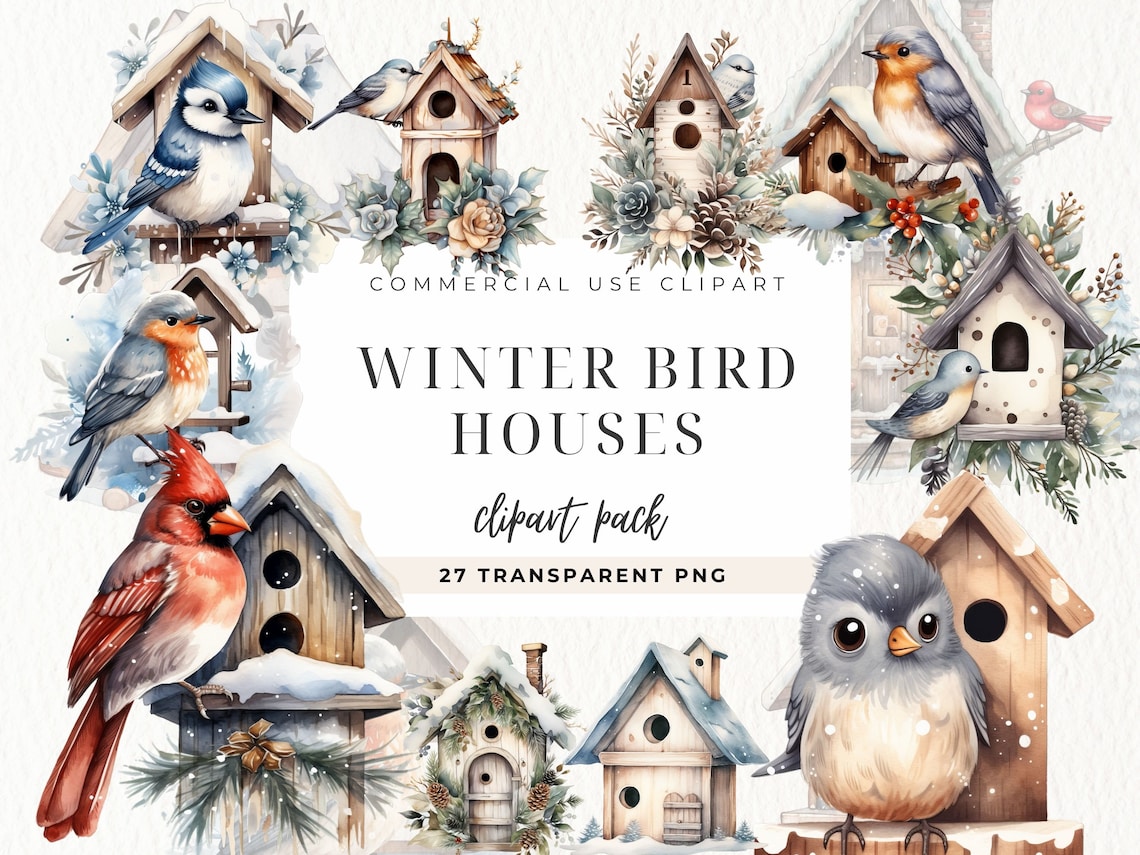 Birdhouse Winter Clipart, Png Digital Download, Christmas Watercolor ...