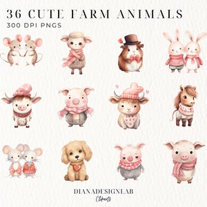 Farm Valentines Clipart, Baby Animals, Romantic Clip Art, Watercolor ...