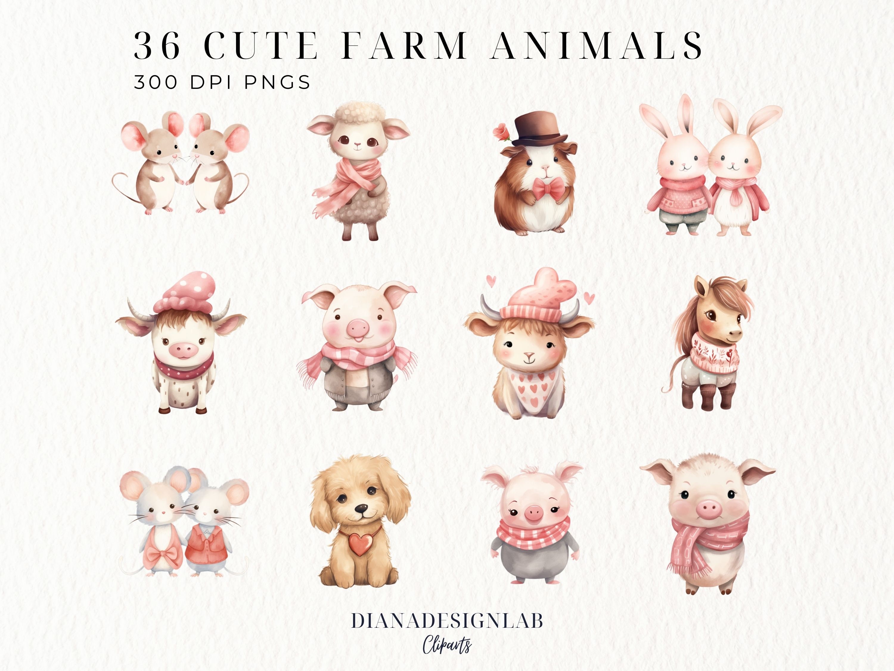 Farm Valentines Clipart, Baby Animals, Romantic Clip Art, Watercolor ...