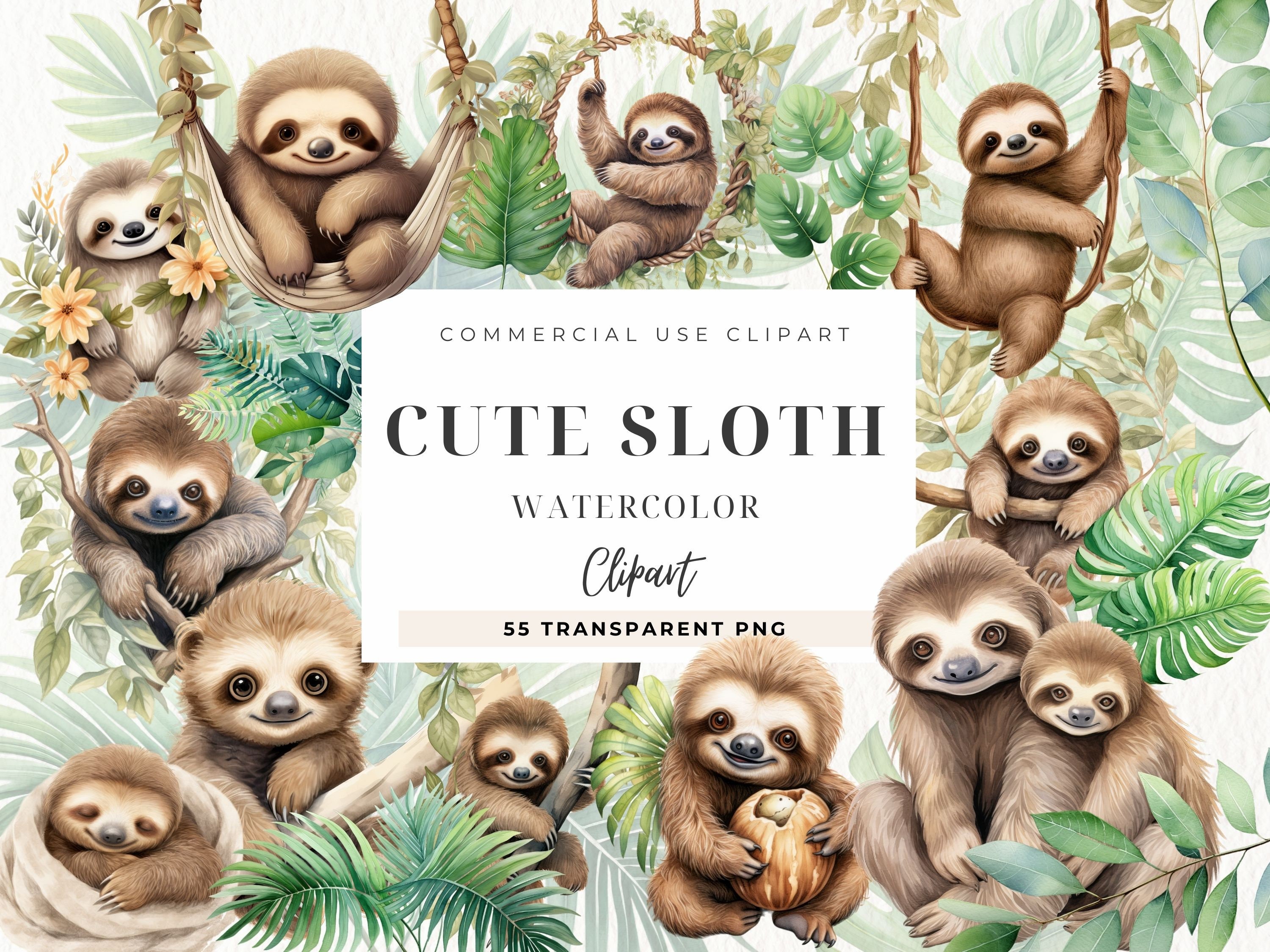 Sloth Clipart, Watercolor Baby Sloth, Realistic Art, Mother and Son ...