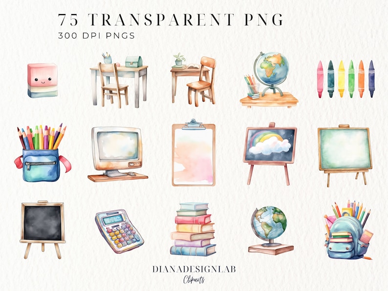 School Supply Clipart Watercolor, Teacher School, Classroom, Study Clip ...