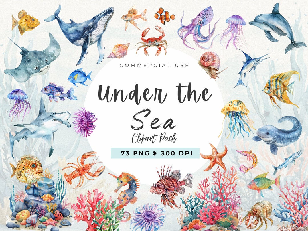 Ocean Animals Clipart Watercolor, Cute Under the Sea, Sea Turtle, Sea ...