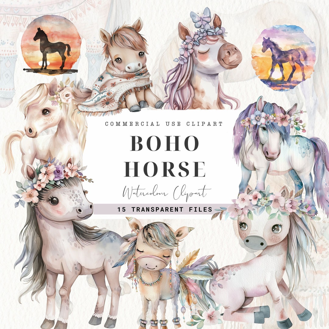Boho Horse Clipart, Commercial Use, Watercolor Horse Png, Cute Boho ...