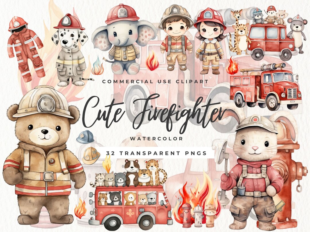 Watercolor Firefighter Clipart, Cute Animals Baby Shower, Fire Truck ...