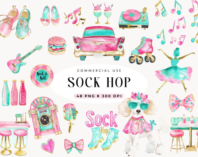 Sock Hop Party Clipart. 50's Retro Diner, Jukebox, Cadillac, Diner Sign ...