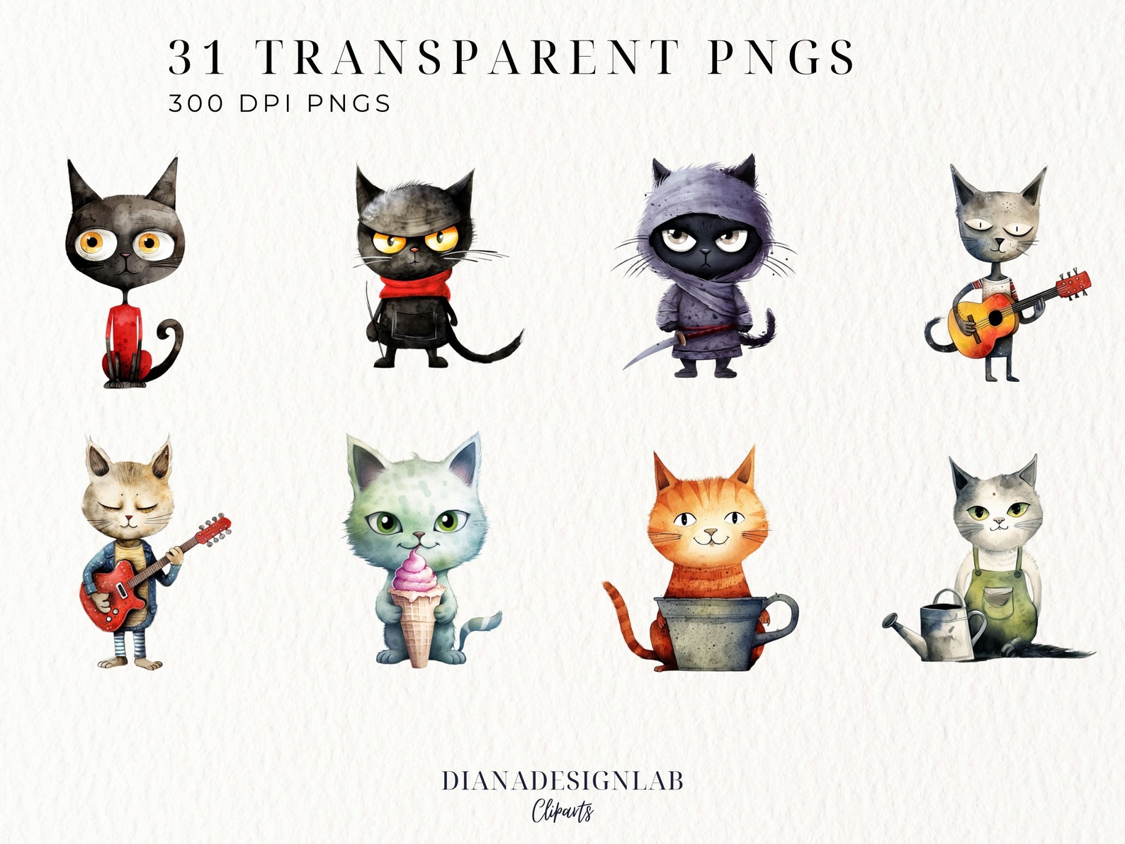 Quirky Cat Clipart, Whimsical Cats Clip Art, Kawaii Cat, Quirky Cat ...