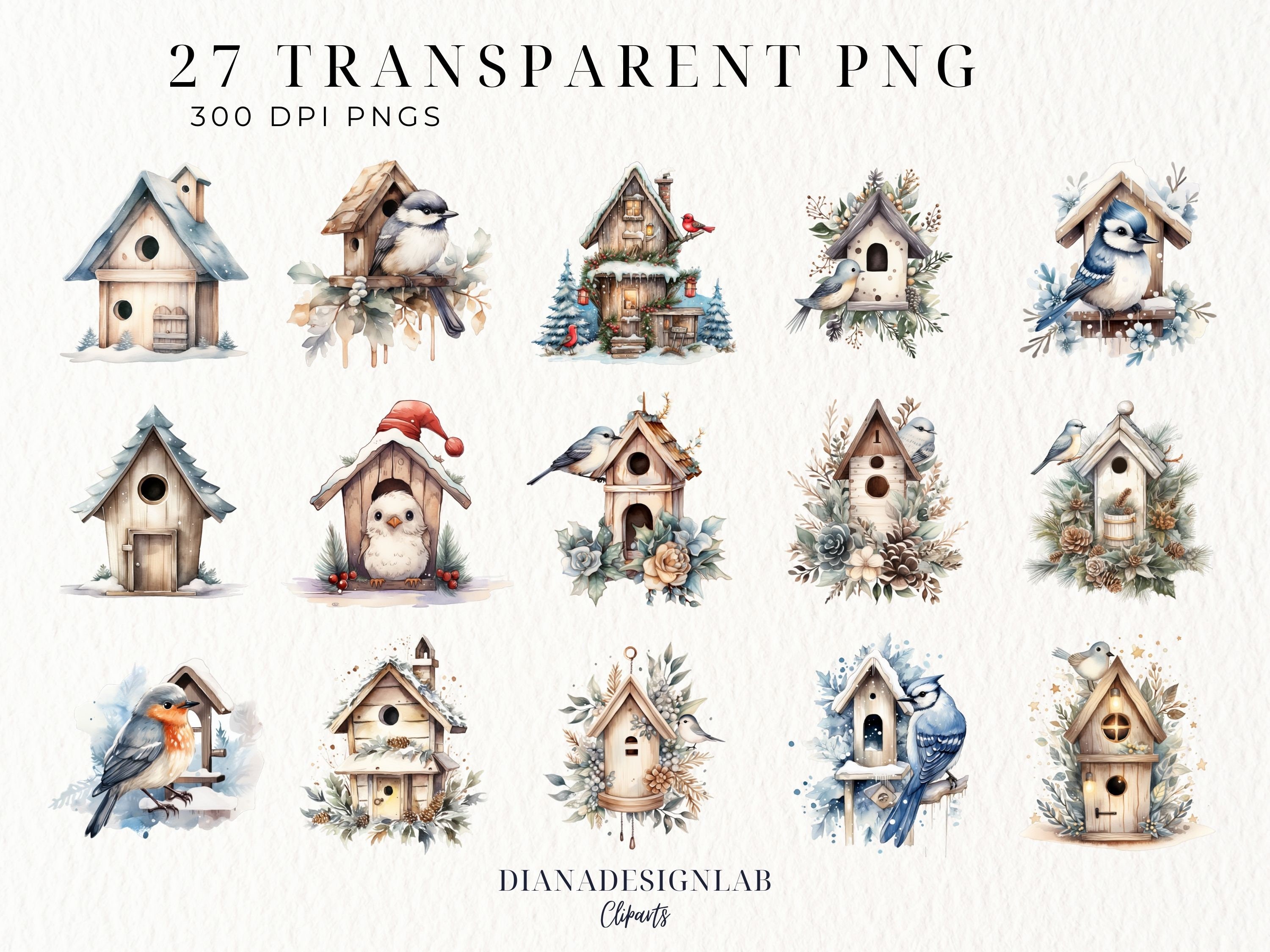 Birdhouse Winter Clipart, Png Digital Download, Christmas Watercolor ...