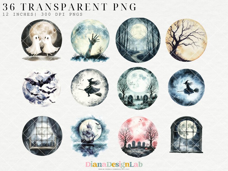 Spooky Full Moon Clipart, Halloween Party Decor, Fall Clipart, Full ...