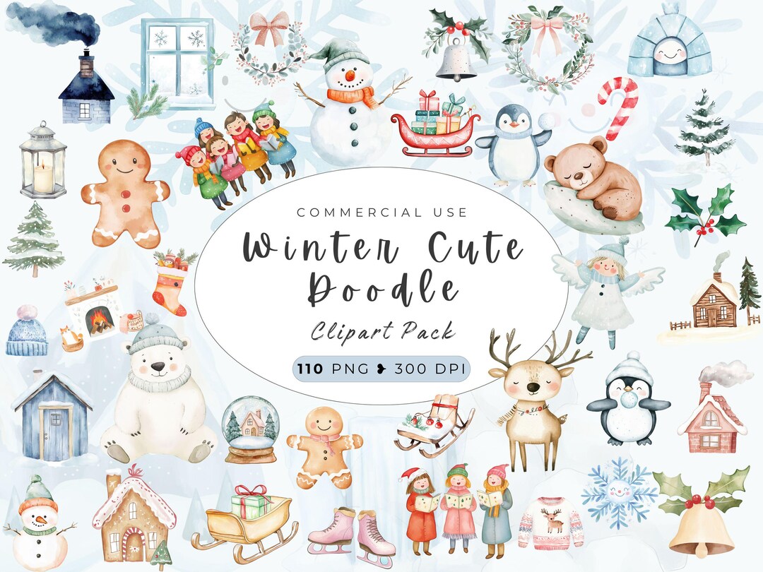 Doodle Winter Clipart, Nursery Animal Clip Art, Newborn Snow Kid Doodle ...