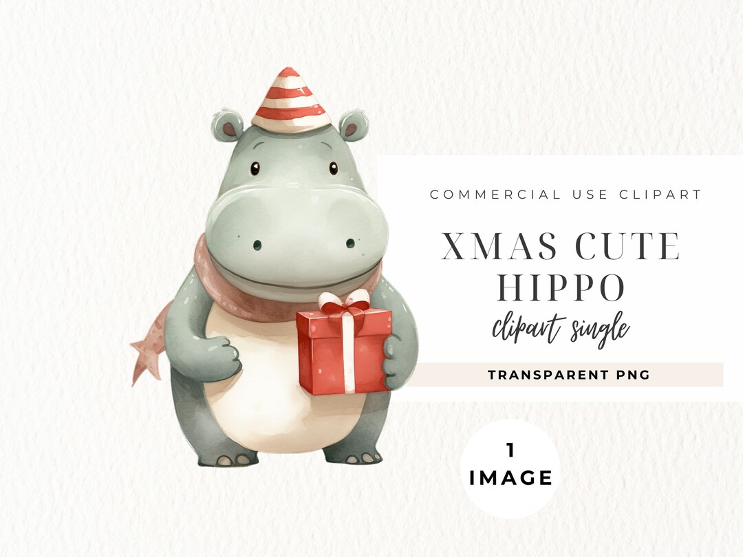 Christmas Hippo Clipart Watercolor, SINGLE IMAGE, Digital Download ...