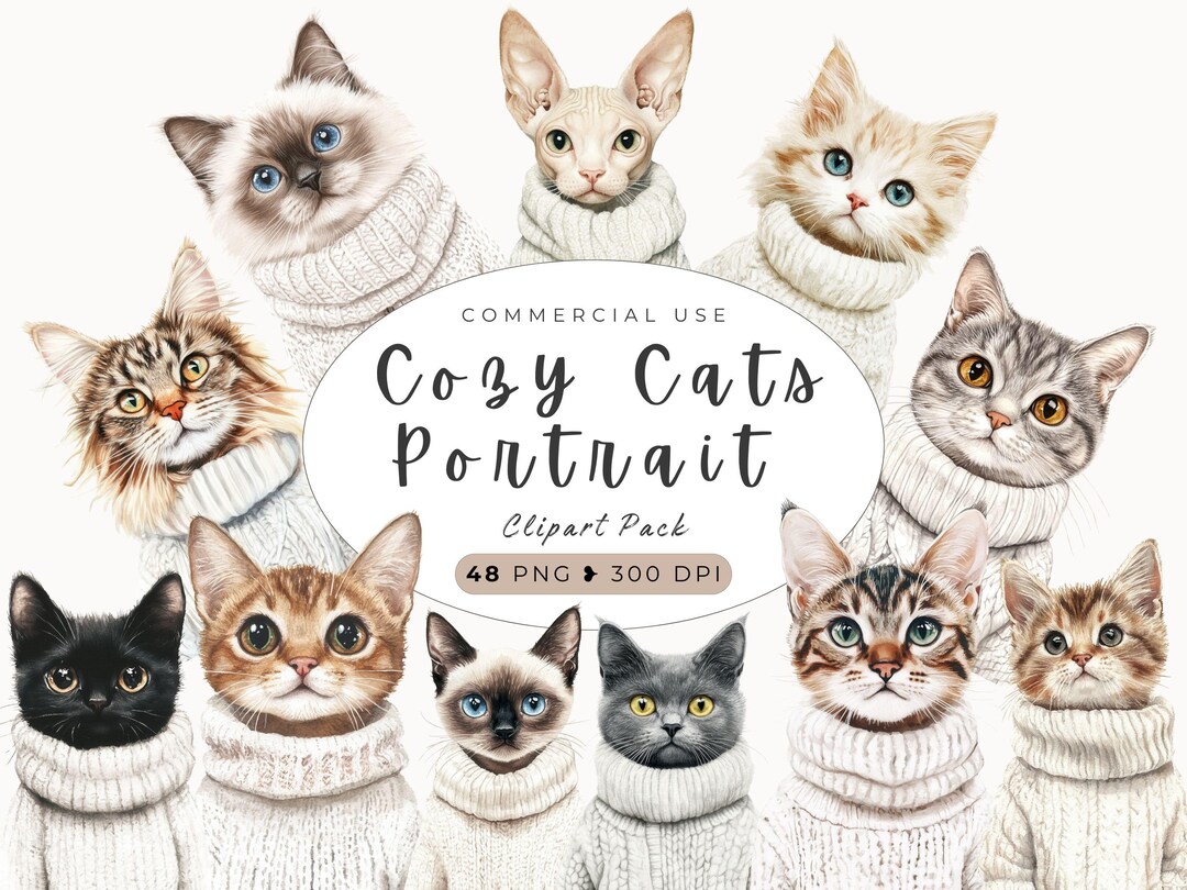 Watercolor Cozy Cats Portrait Clipart, Kitten Breeds Png, Cute Cat ...