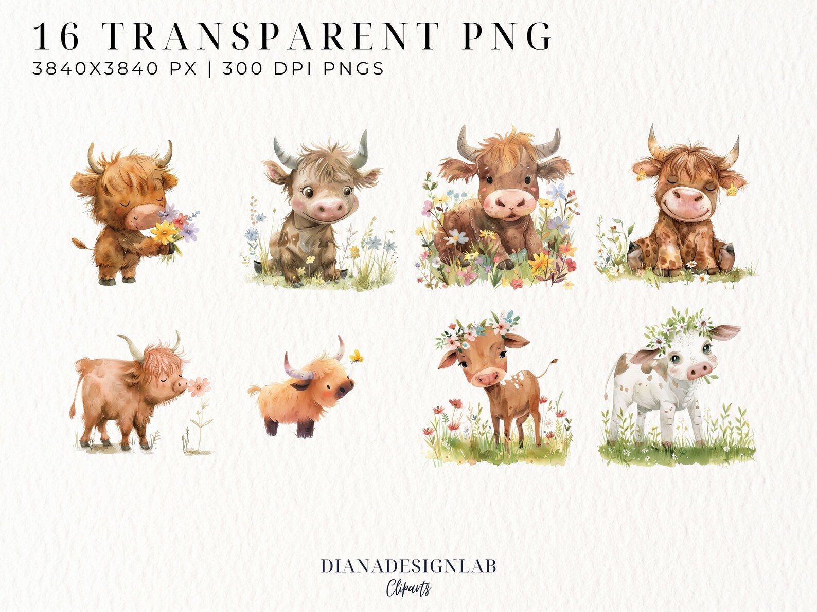 Baby Highlander Cows in Flowers Clipart, Highland Cow Sublimation ...