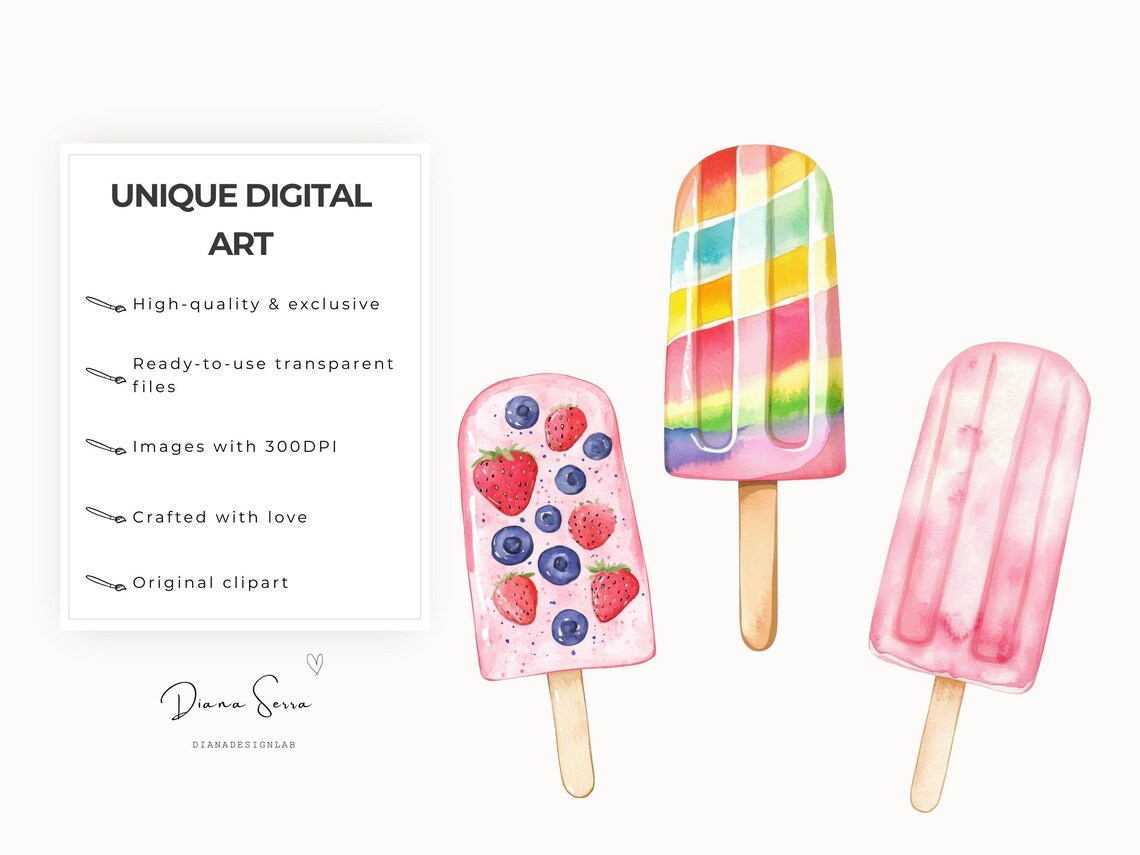Watercolor Popsicle Clipart: Summer Ice Cream Graphics (commercial Use ...