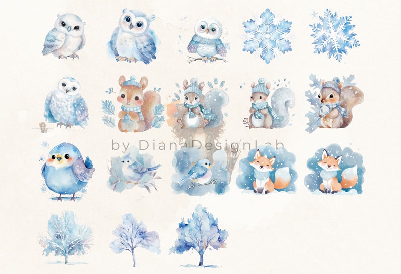 Cute Winter Wonderland Clipart Bundle, Baby Blue, Watercolor Winter ...