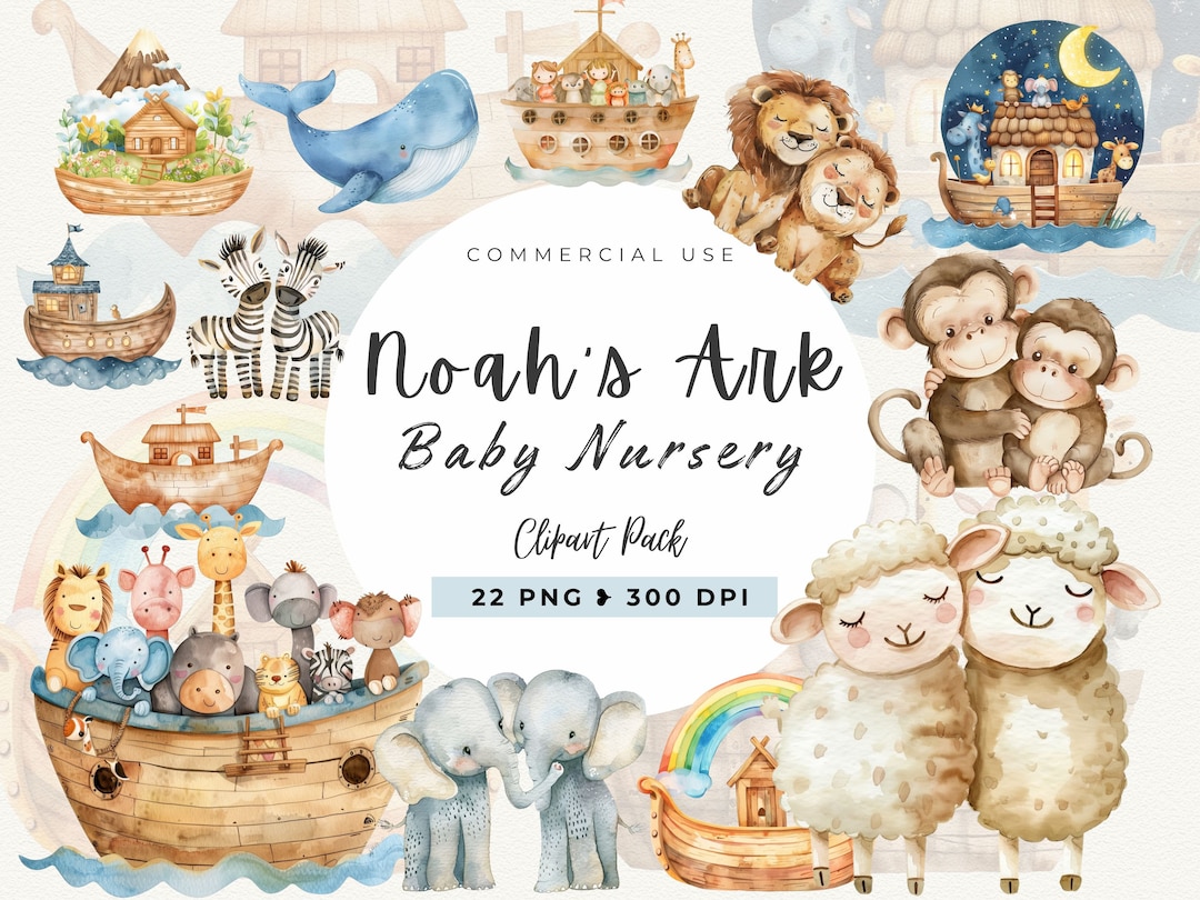 Watercolor Noahs Ark Baby Nursery Clipart, Baby Shower Birthday Party ...