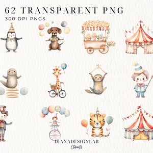 Circus Watercolor Clipart, Colorfull Nursery Decor, Baby Shower, Cute ...