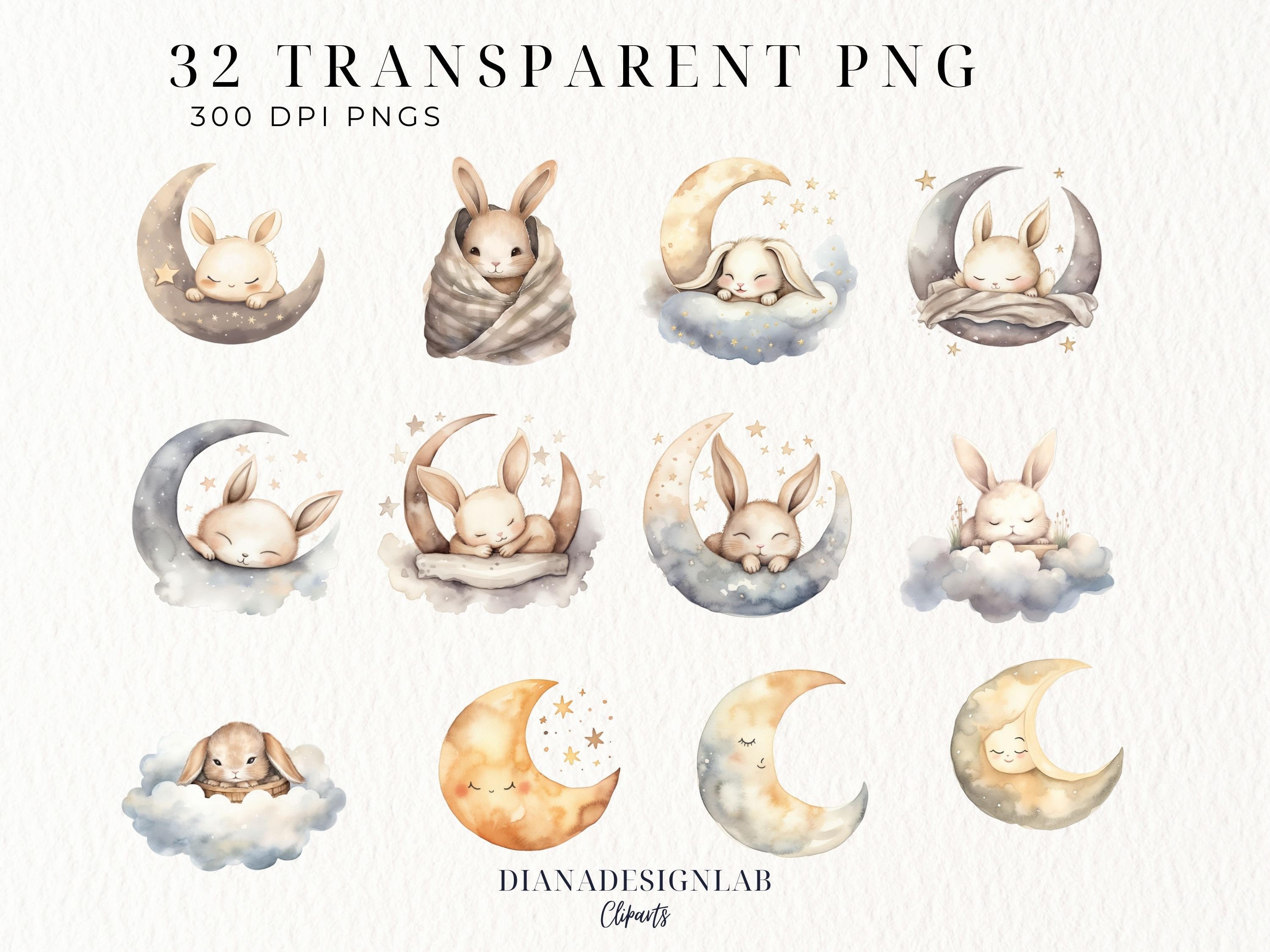 Cute Watercolor Bunny Clipart Sleeping Bunny PNG Boho Rabbit - Etsy