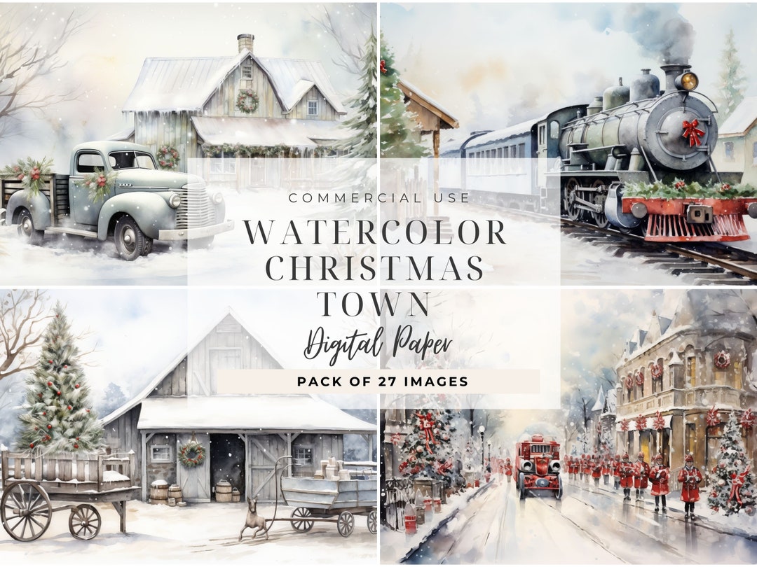 Watercolor Christmas Town Clipart, Country Christmas Digital Paper ...
