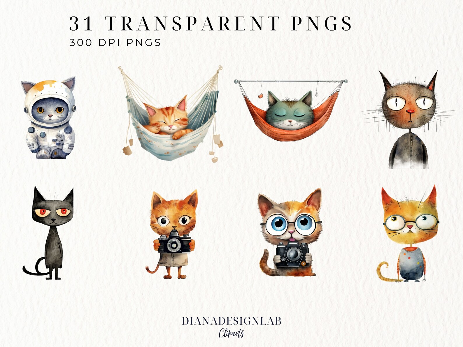 Quirky Cat Clipart, Whimsical Cats Clip Art, Kawaii Cat, Quirky Cat ...