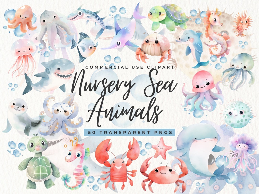 Baby Sea Animals Clipart, Whale Clip Art, Turtle, Jellyfish, Nursery ...