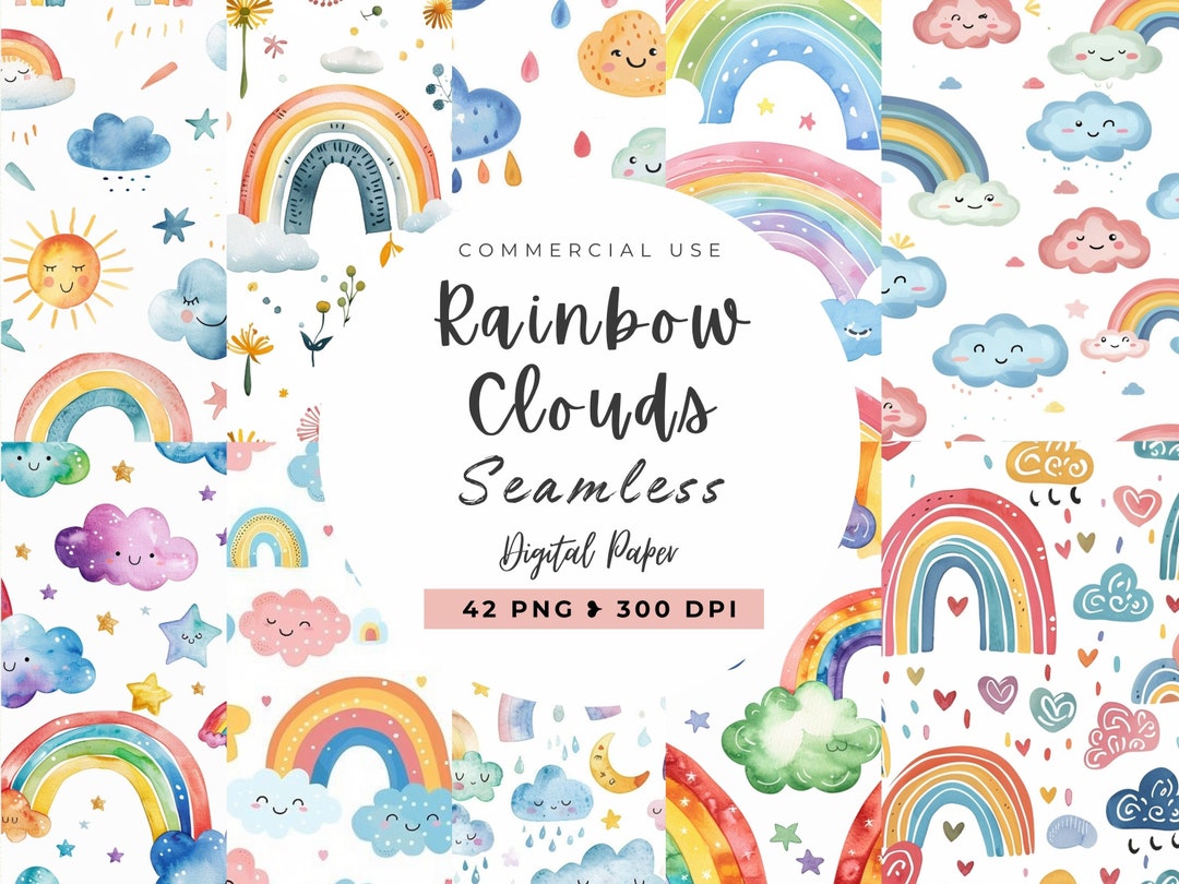 Rainbow Clouds Digital Paper Seamless, Watercolor Seamless Pattern ...