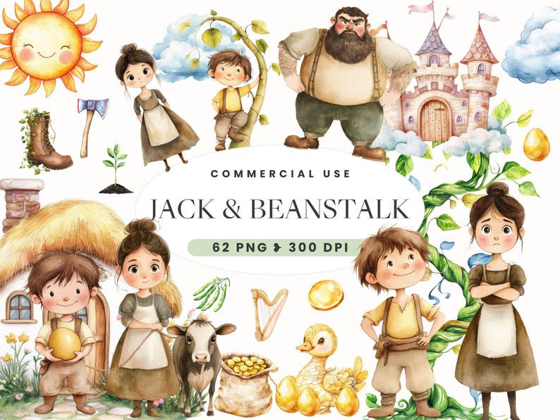 Jack and the Beanstalk Clipart, Watercolor Fairy Tale Graphics, Kids ...