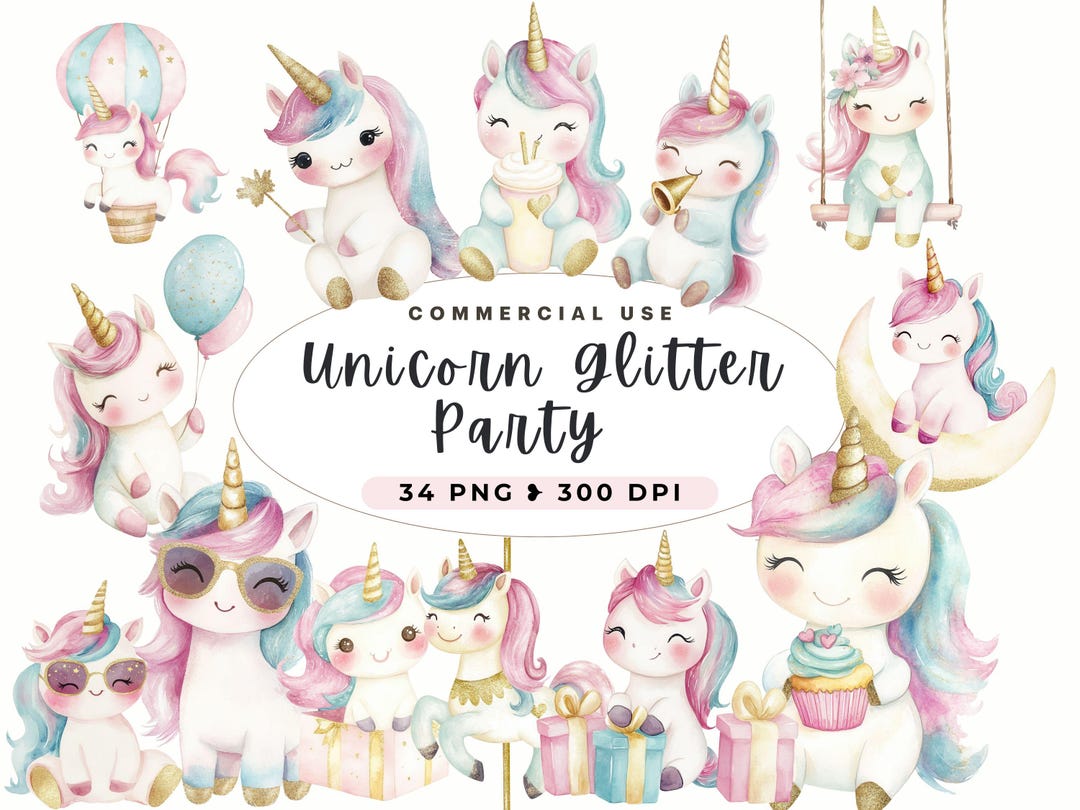 Unicorn Glitter Party Clipart, Pastel Unicorns, Party Invitation, Baby ...