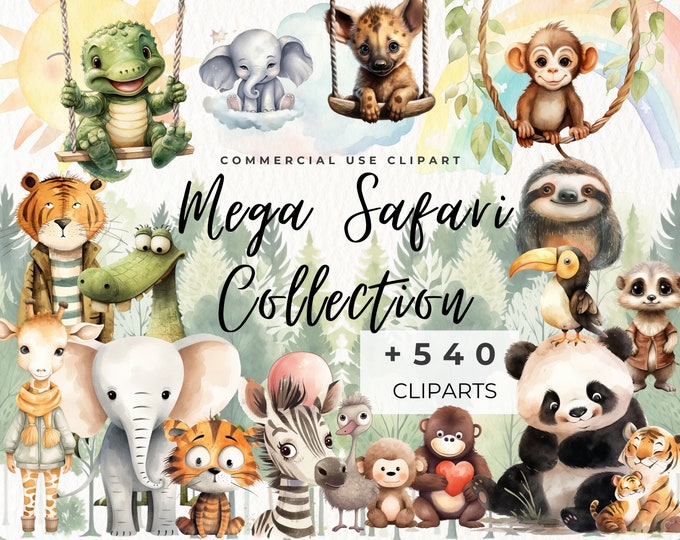 Watercolor Safari Animals Clipart PNG - Cute Jungle Wildlife Digital ...