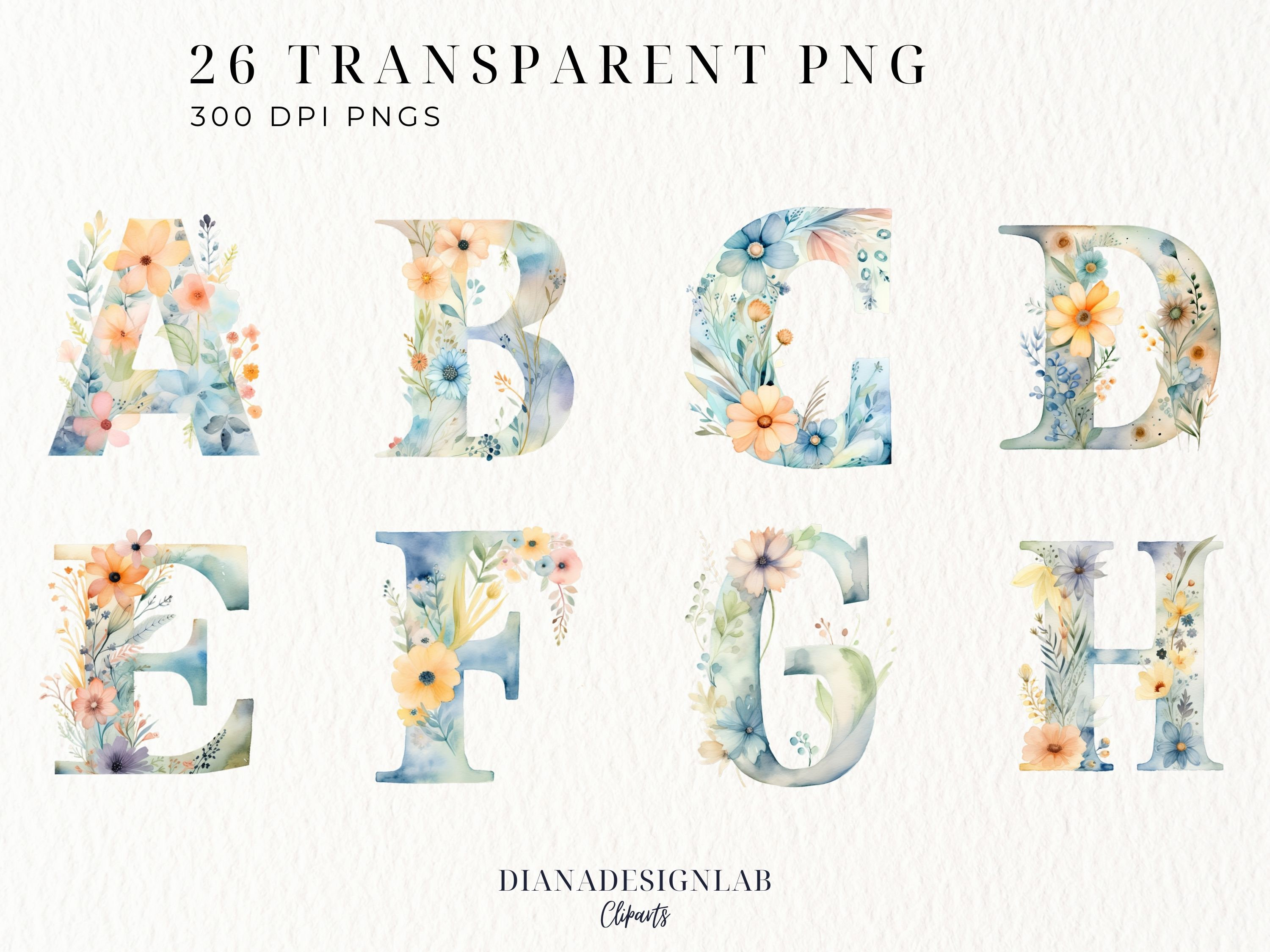 Flower Alphabet Clipart, Retro Summer Alphabet Doodle Letter ...