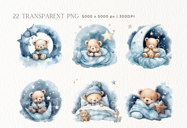Watercolor Teddy Bear Baby Shower for Boy, Nursery Clipart, Blue Teddy ...