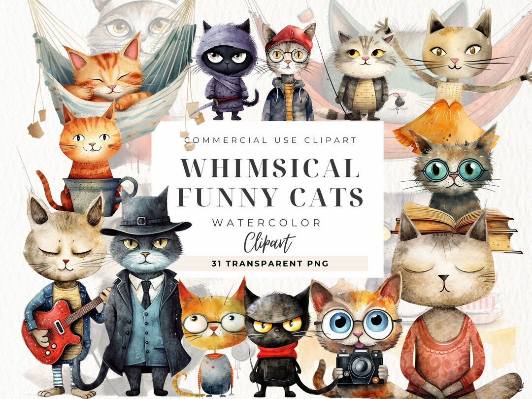 Quirky Cat Clipart, Whimsical Cats Clip Art, Kawaii Cat, Quirky Cat ...
