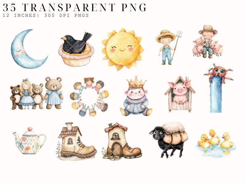 Watercolor Nursery Rhyme Clipart, Three Little Pigs, Baby Cute, Little ...