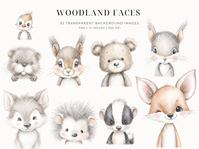 Watercolor Woodland Portraits Clipart, Nursery Decor, Baby Animals ...
