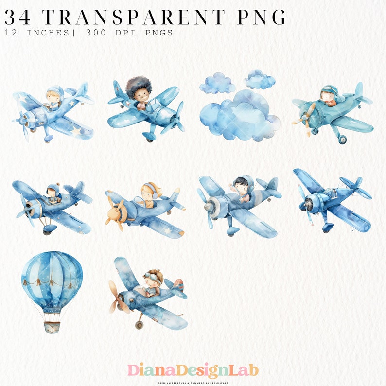 Watercolor Airplane Clipart, Baby Boy, Vintage Toys Nursery Decor ...